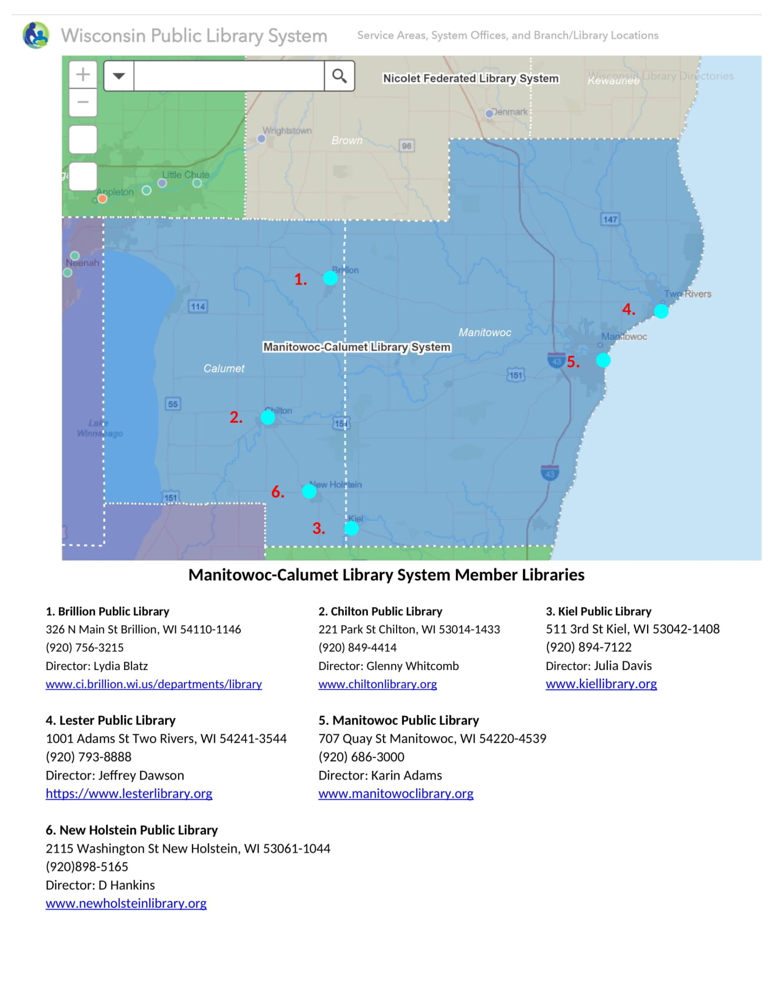 Member Libraries Map – Manitowoc-Calumet Library System